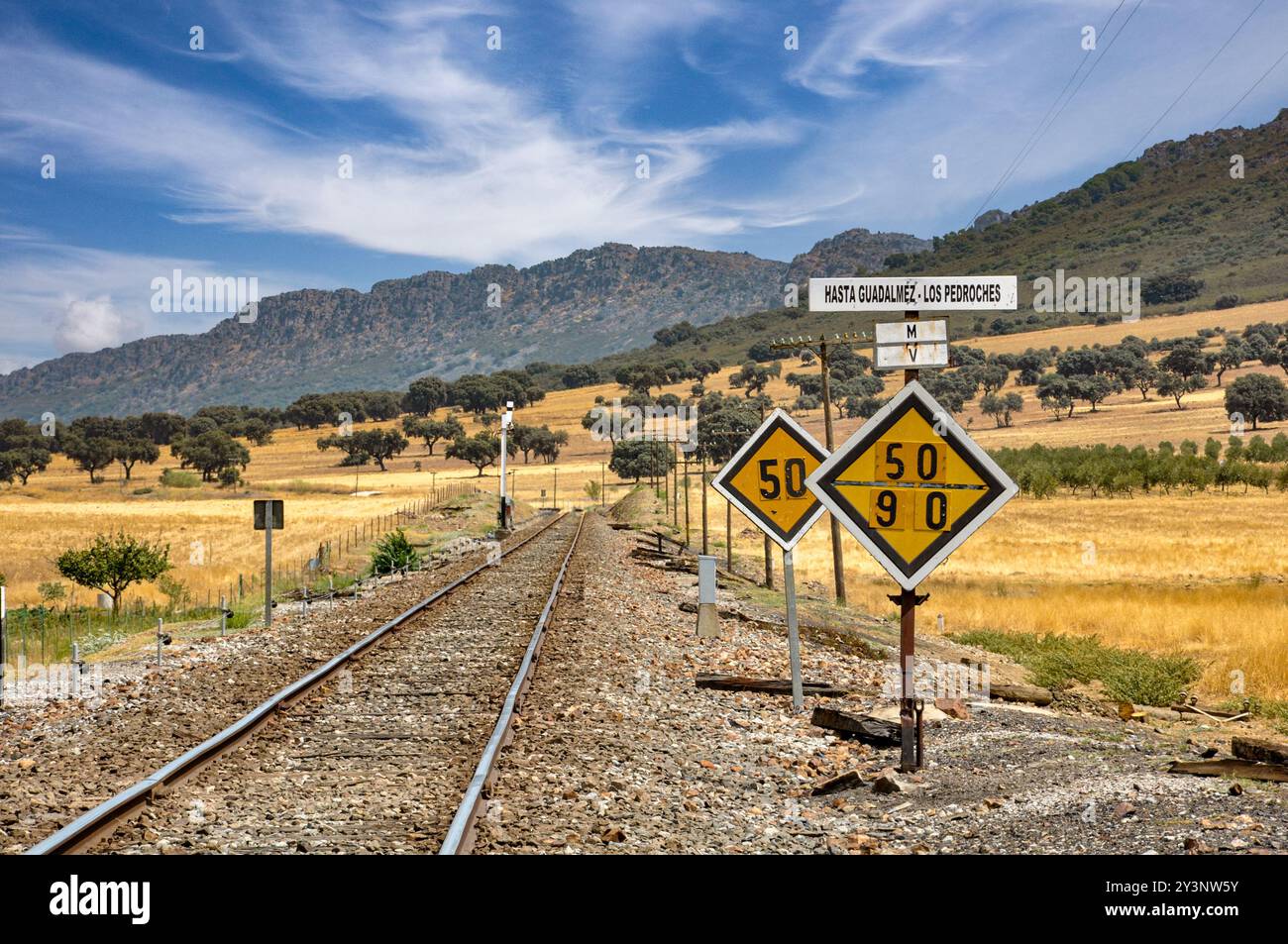 Spanish conventional rail traffic lines near Almorchon Railway Station ...