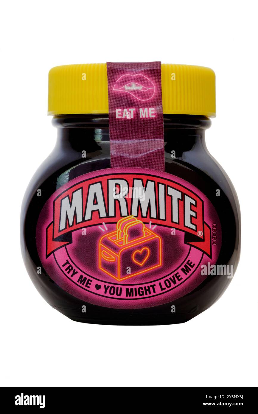 small jar of marmite tester sized pot cut out against white background ...