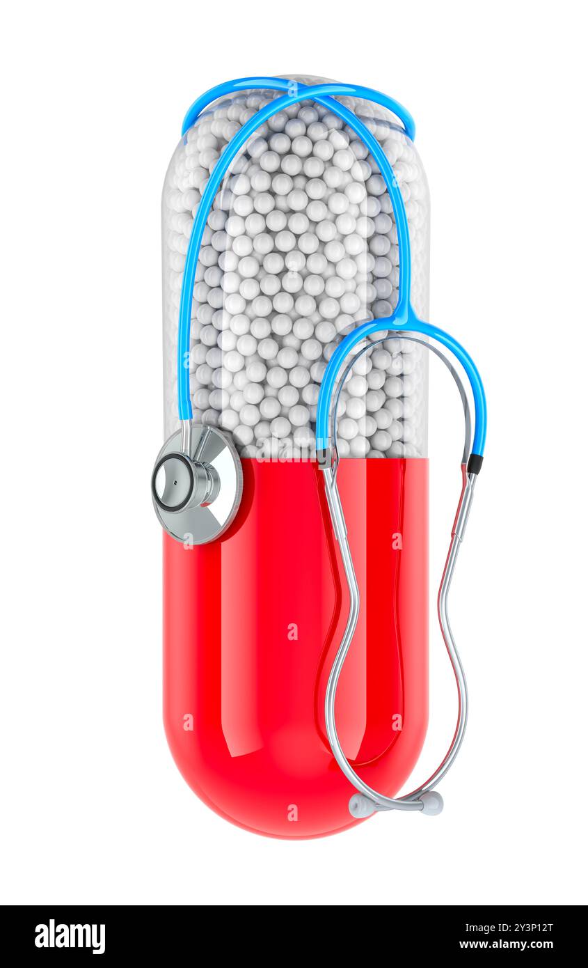 Medicament capsule with stethoscope. 3D rendering isolated on white ...
