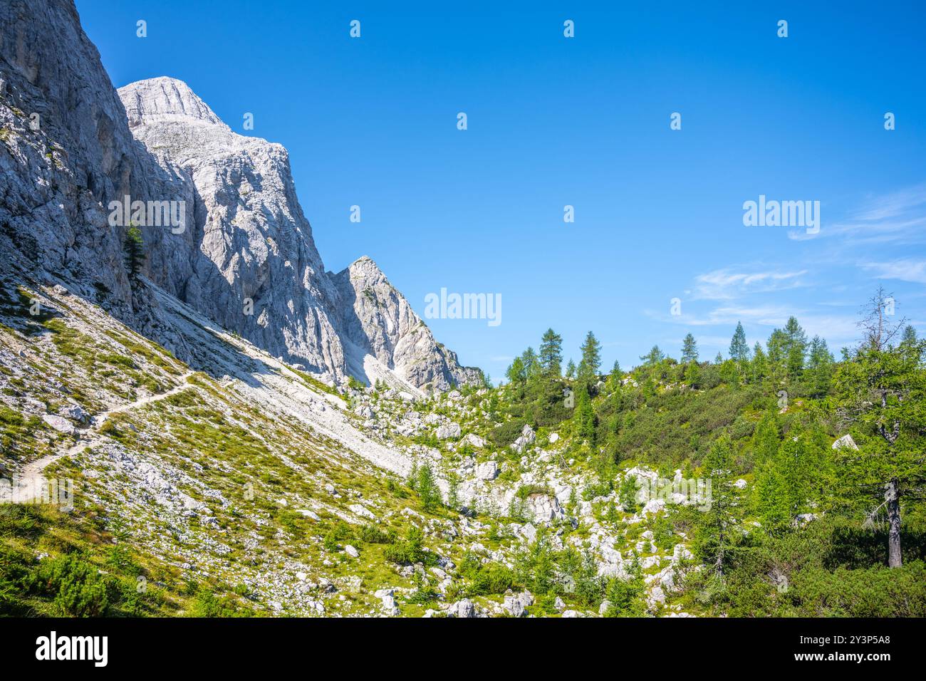 Hikers traverse a winding path amid the breathtaking Julian Alps ...