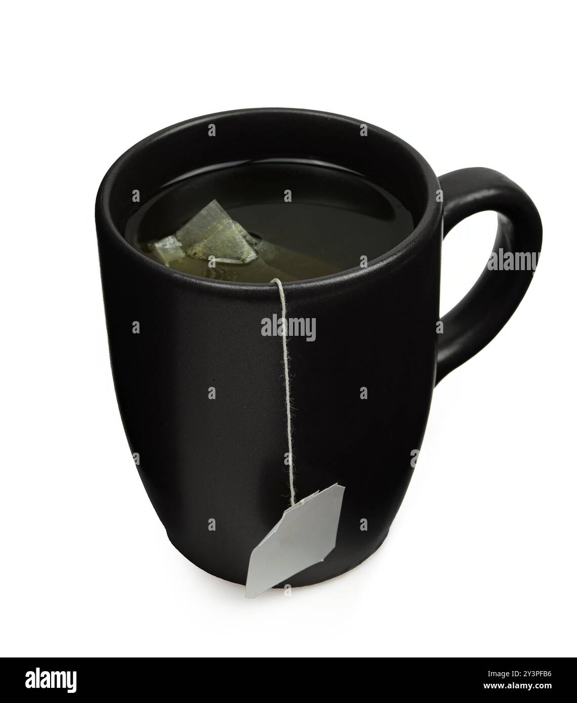 Black tea cup mug with tea bag label tag isolated on white background ...
