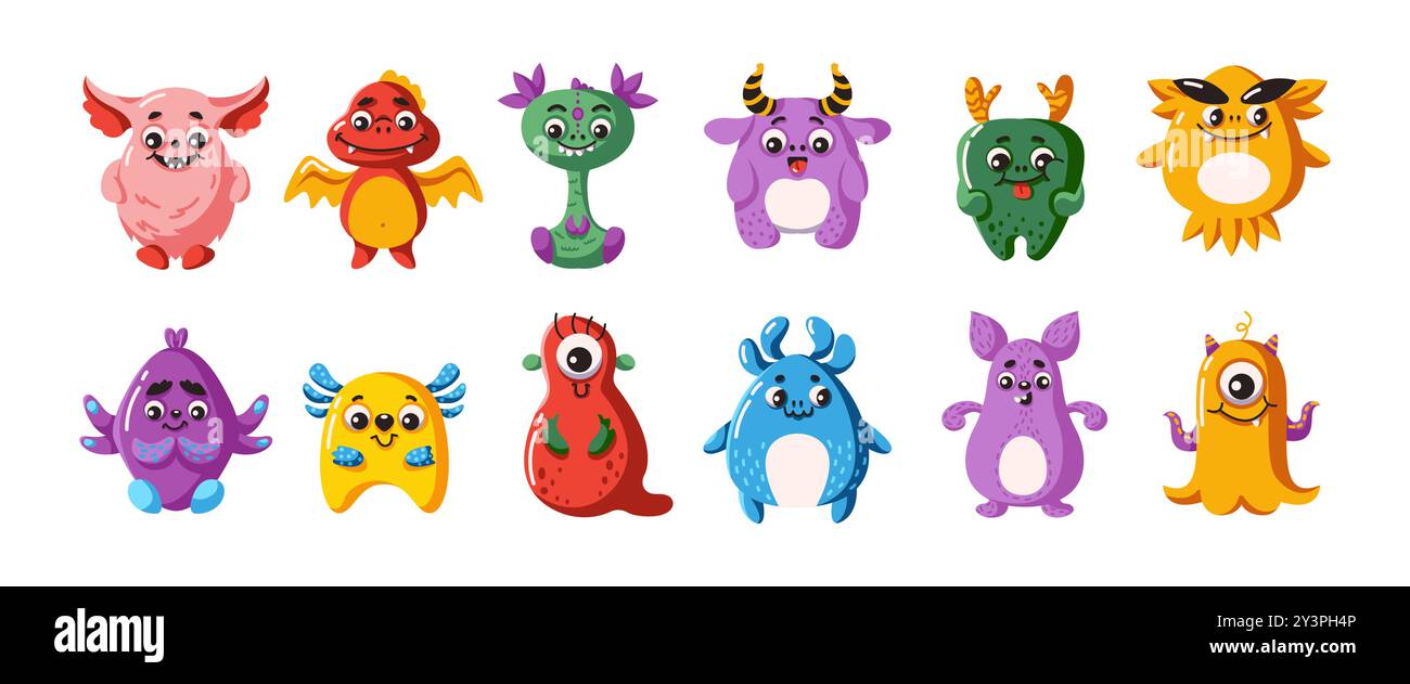 Funny alien monsters characters flat color vector icon set Stock Vector ...