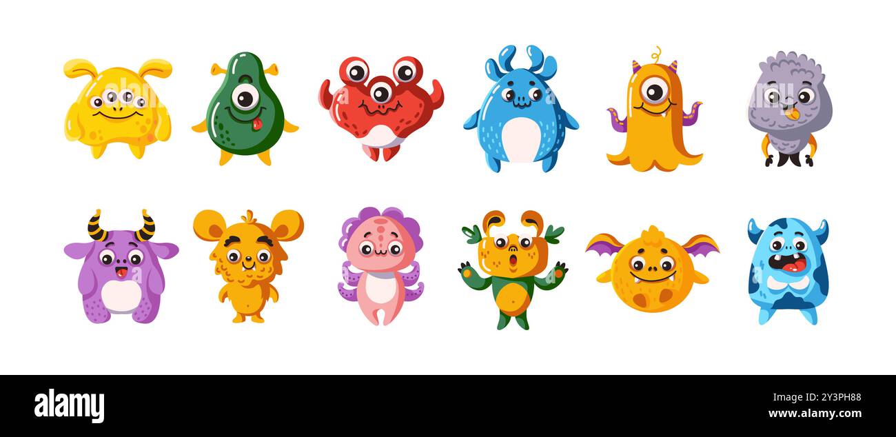 Adorable monsters characters flat color vector icon set Stock Vector ...