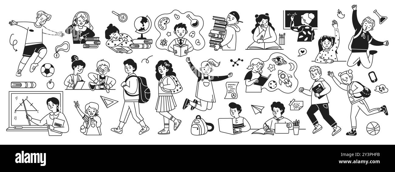 Happy students and teachers doodle line illustration set Stock Vector ...