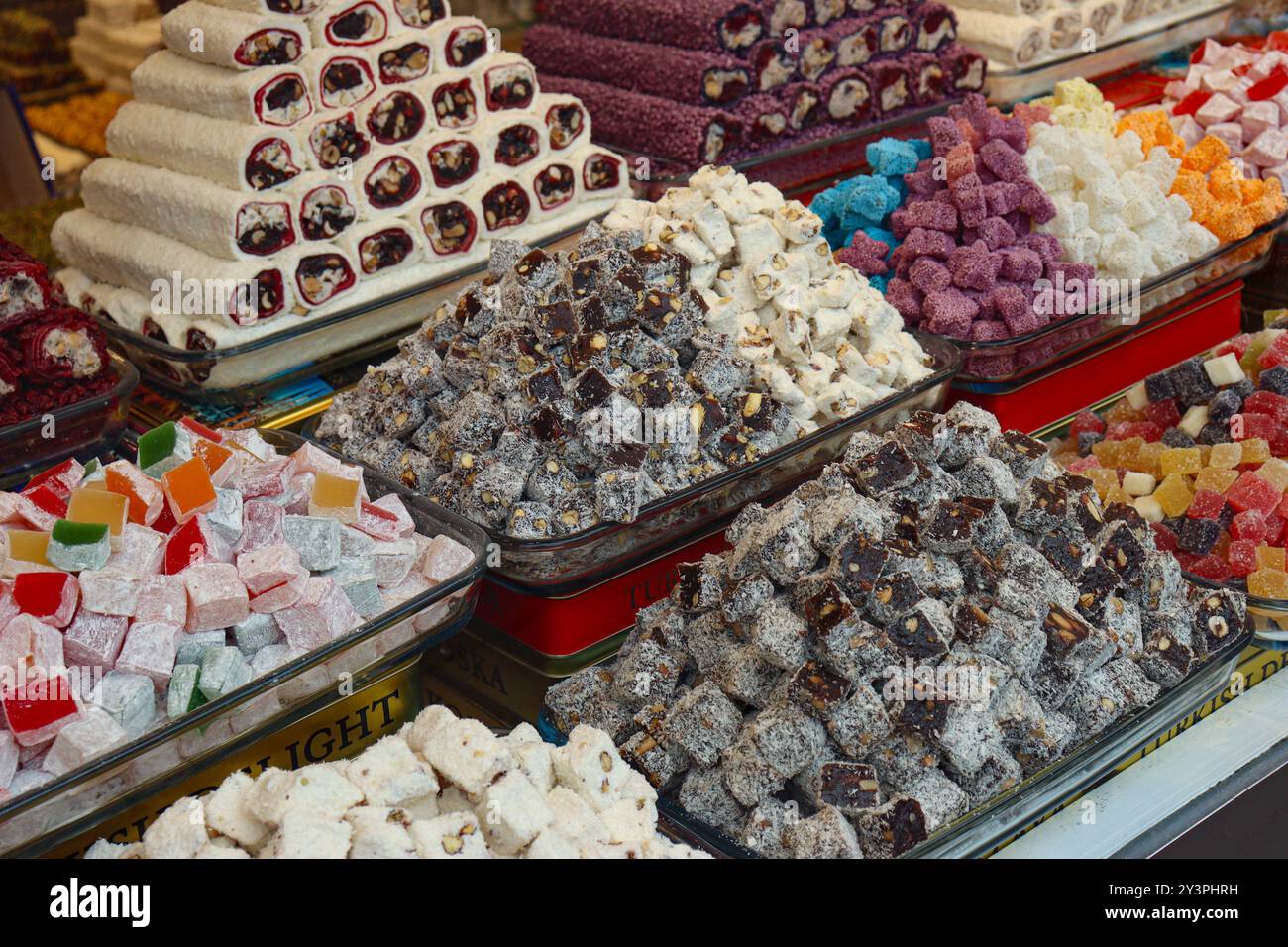 Collection of different colorful turkish delight desserts. Jelly candy ...