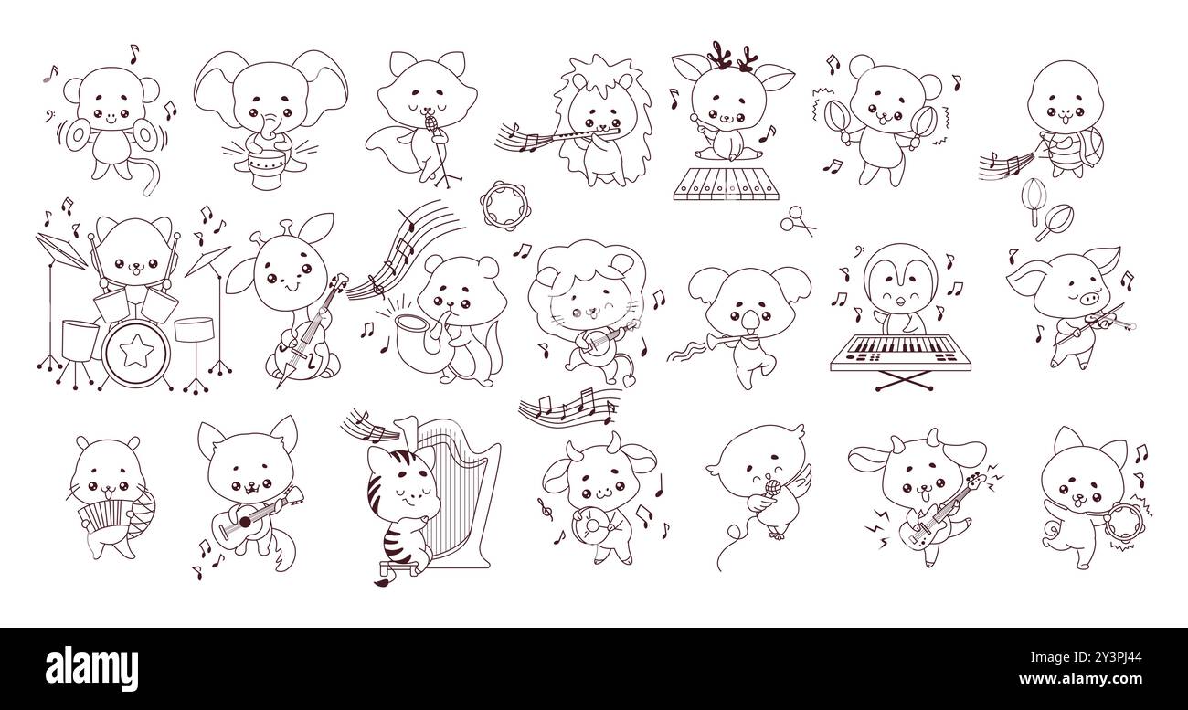 Cute animals musicians line cartoon illustration set Stock Vector Image ...
