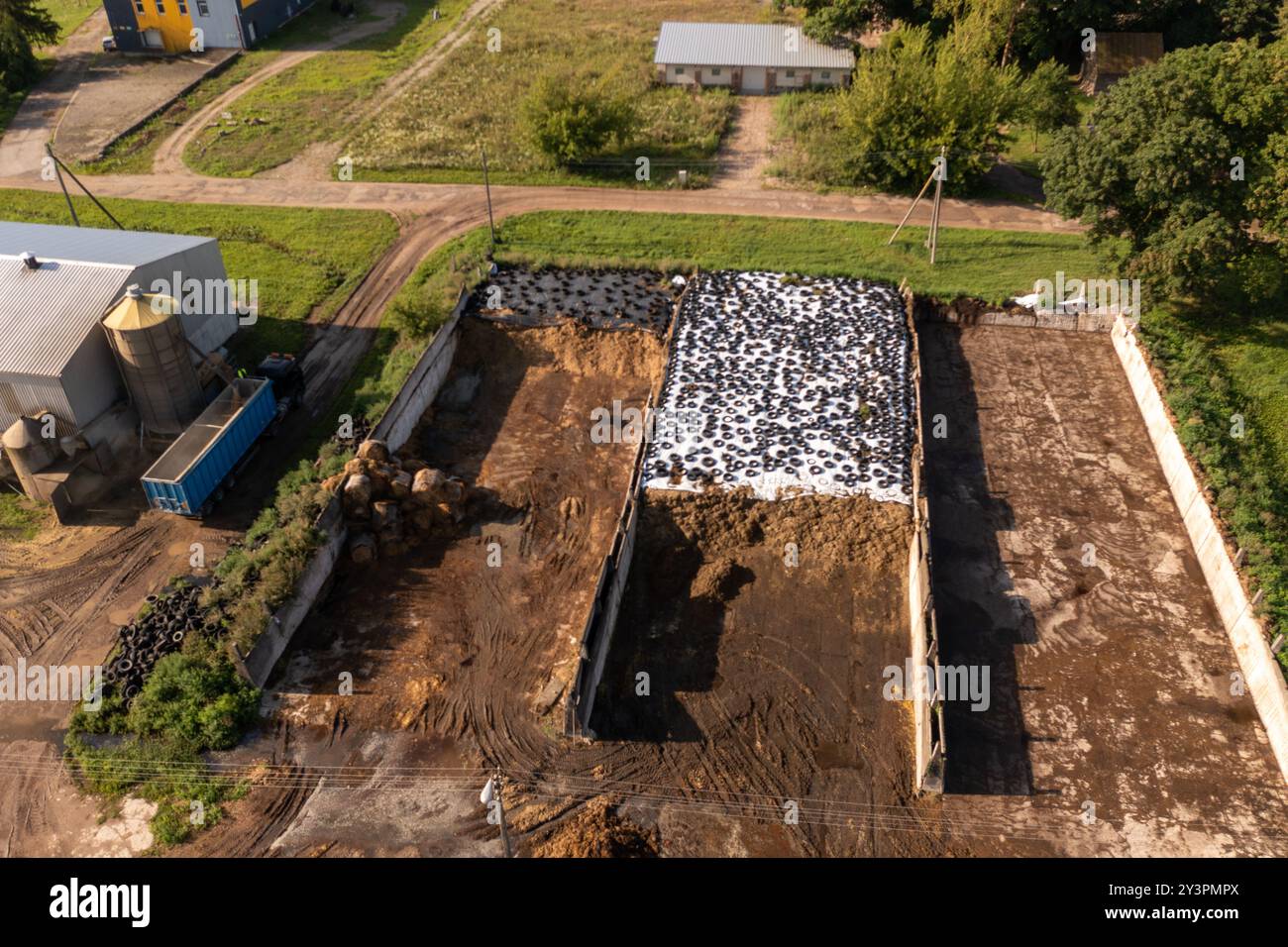 An aerial view of a farmyard showing three distinct sections: two with ...