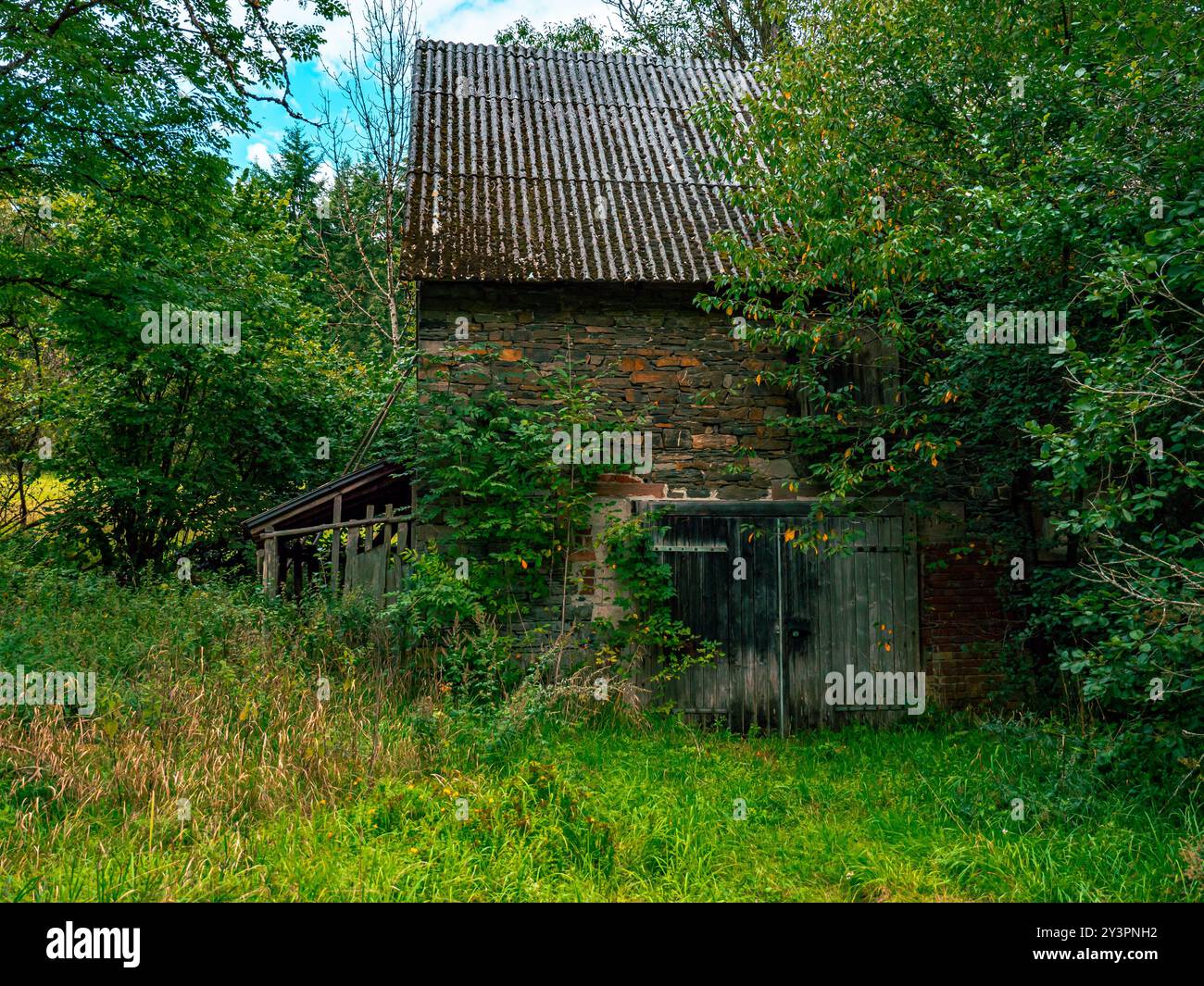 An old stone barn with a double door that is overgrown Stock Photo - Alamy