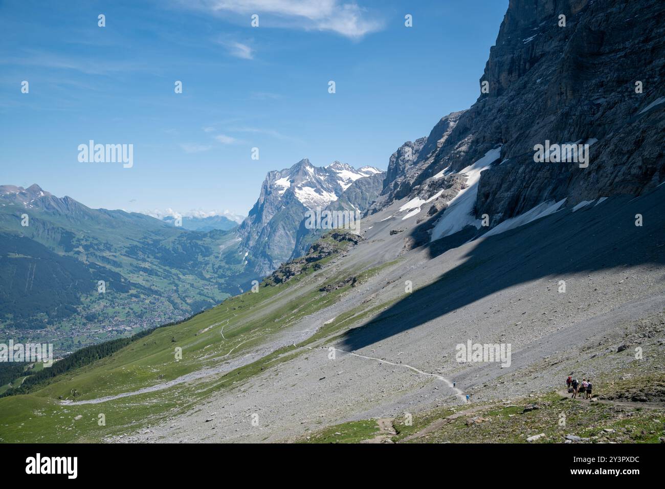 Eiger trail, hiking near the famous mountain of the Bernese Swiss Alps ...