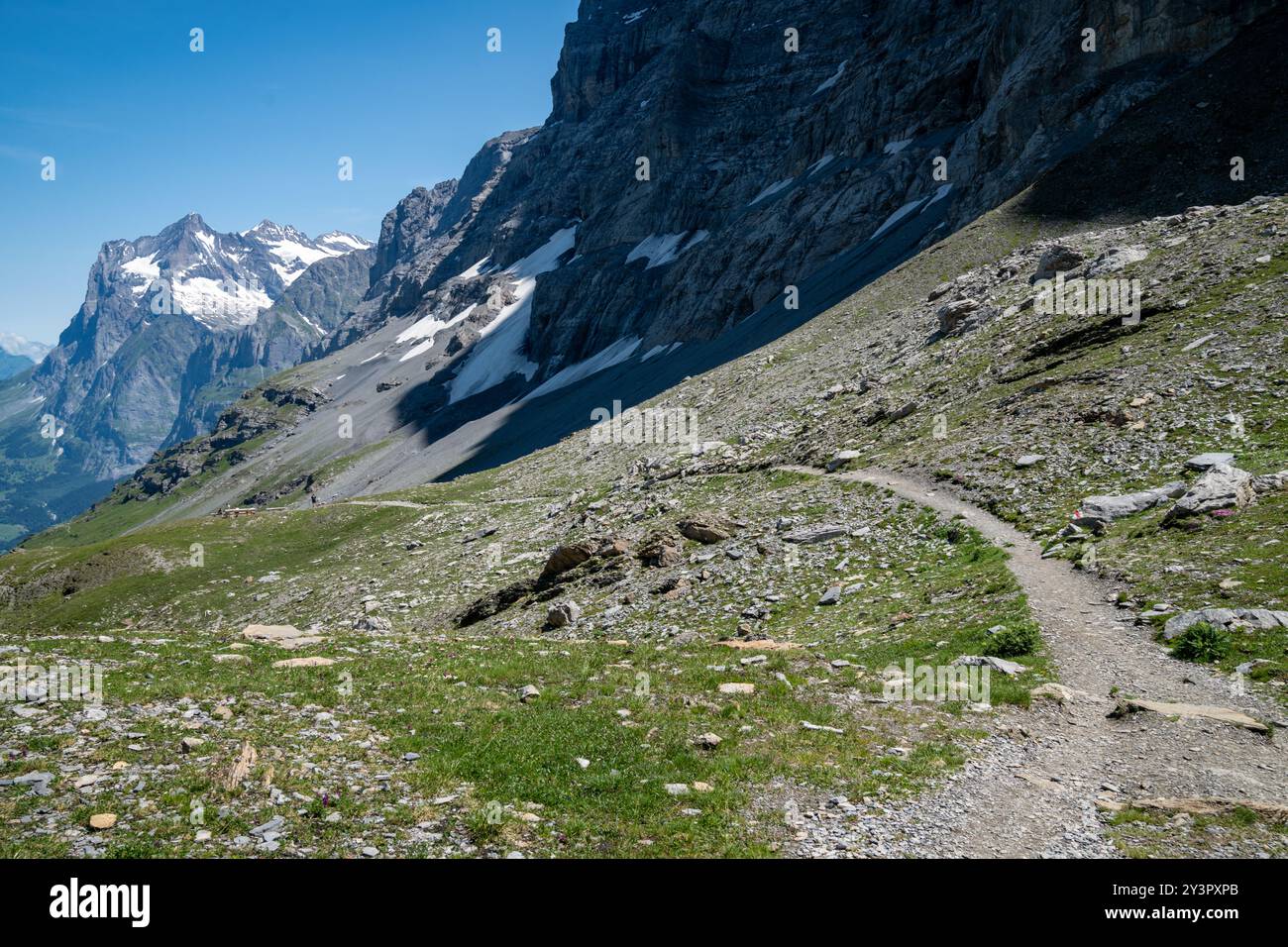 Eiger trail, hiking near the famous mountain of the Bernese Swiss Alps ...