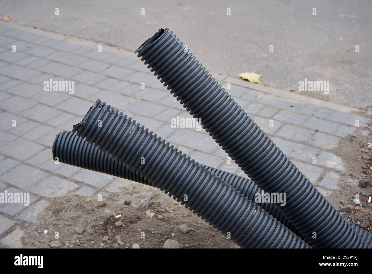unfinished construction of underground corrugated pipes, unburied pipes ...