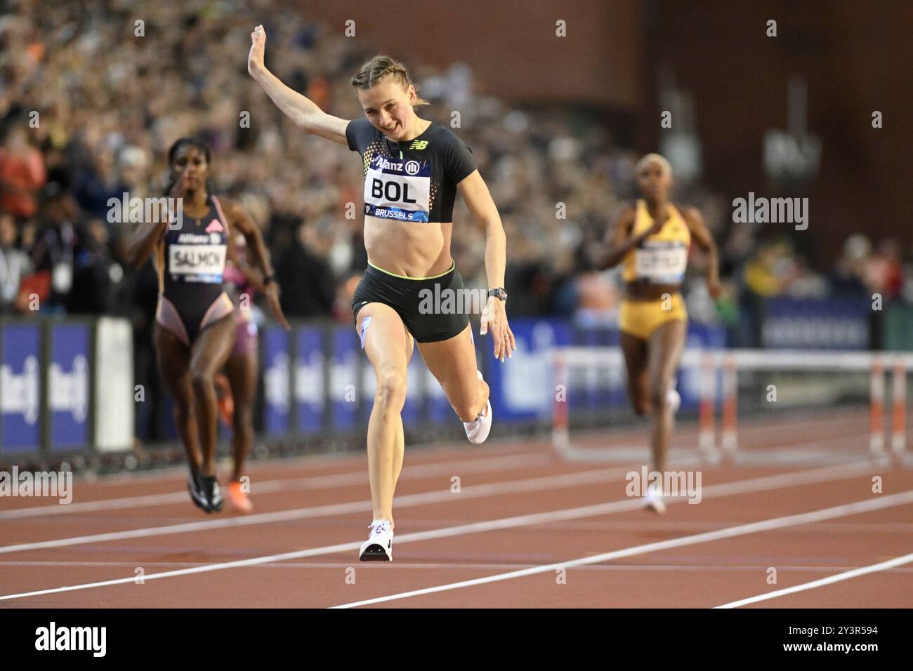 Femke Bol, of the Netherlands, crosses the finish line to win the women ...