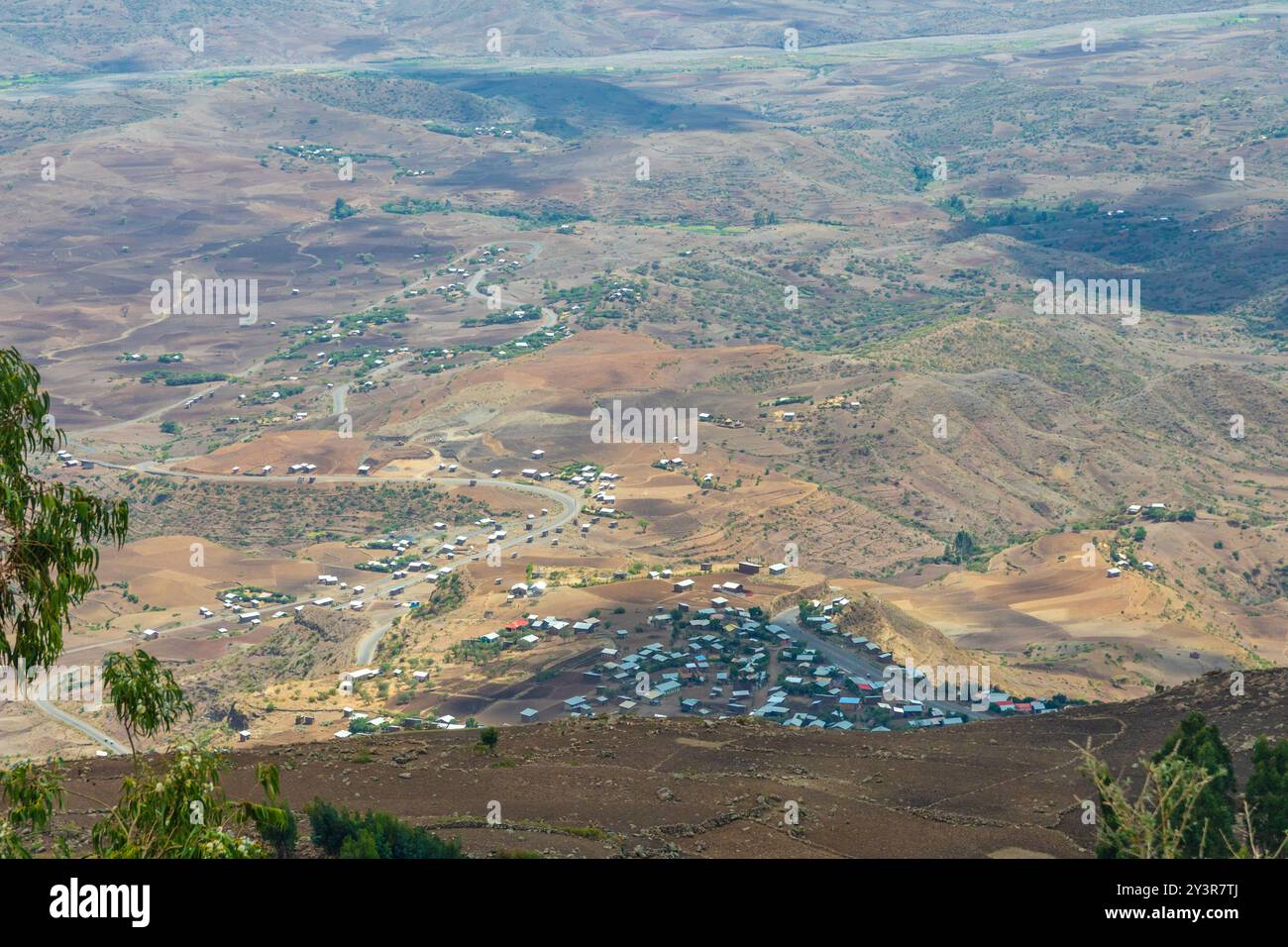 Aerial view to ethiopian settlements in the valley, Lasla mountains ...