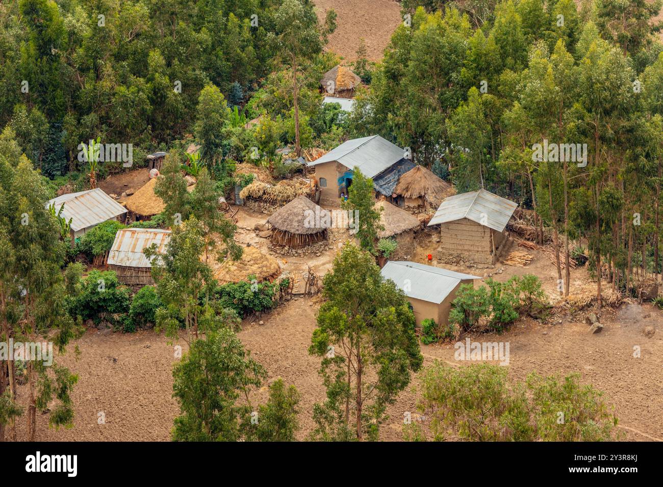Aerial view to traditional ethiopian local village houses hidden in the ...