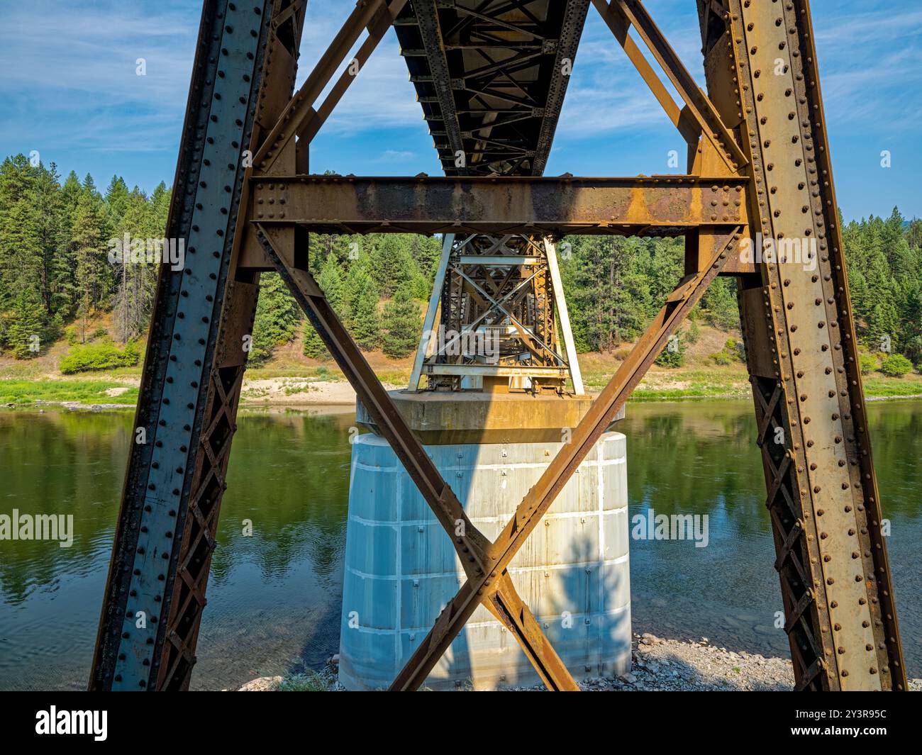 The underside of a railroad trestle crossing the Clark Fork River near ...