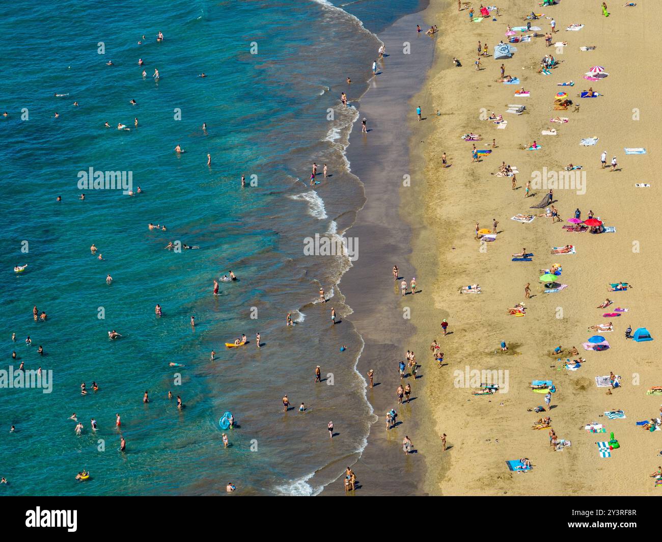 Aerial view of Maspalomas beach and dunes, sunbathers enjoying ...