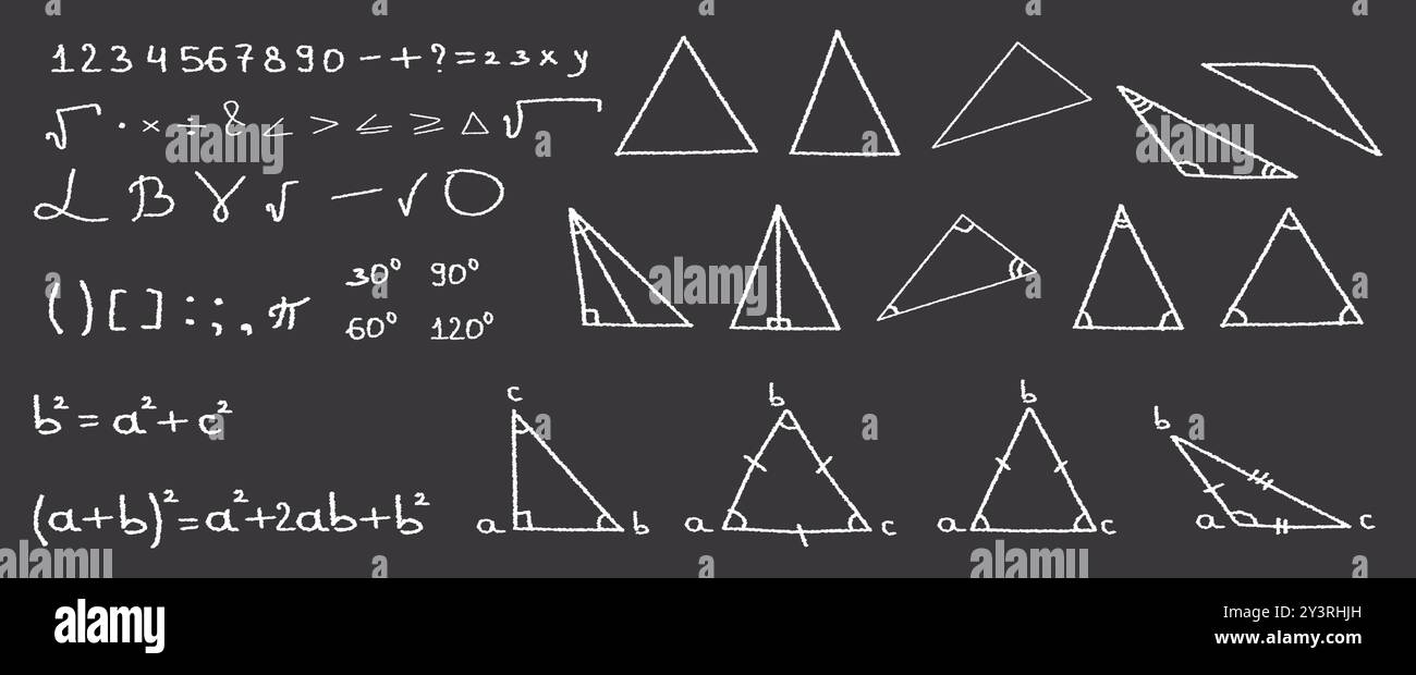 Triangles collection with science formulas. Childish chalk drawing for ...
