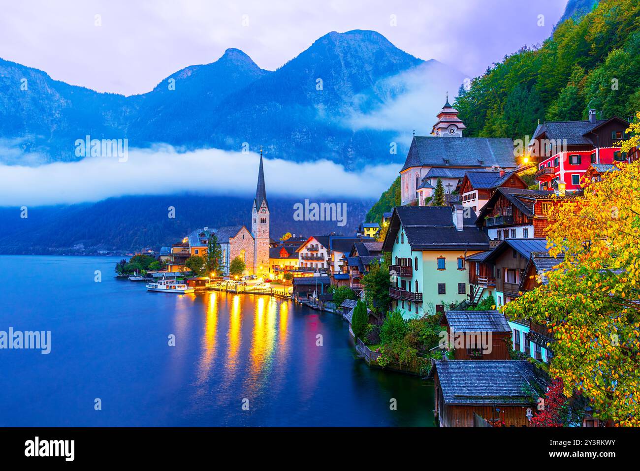 Hallstatt, Austria, Salzkammergut region: Misty autumn morning view of ...