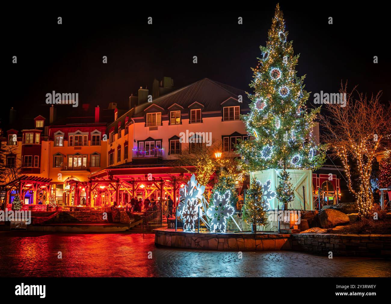 Christmas holiday tree at Mont-Tremblant ski resort, Laurentians ...