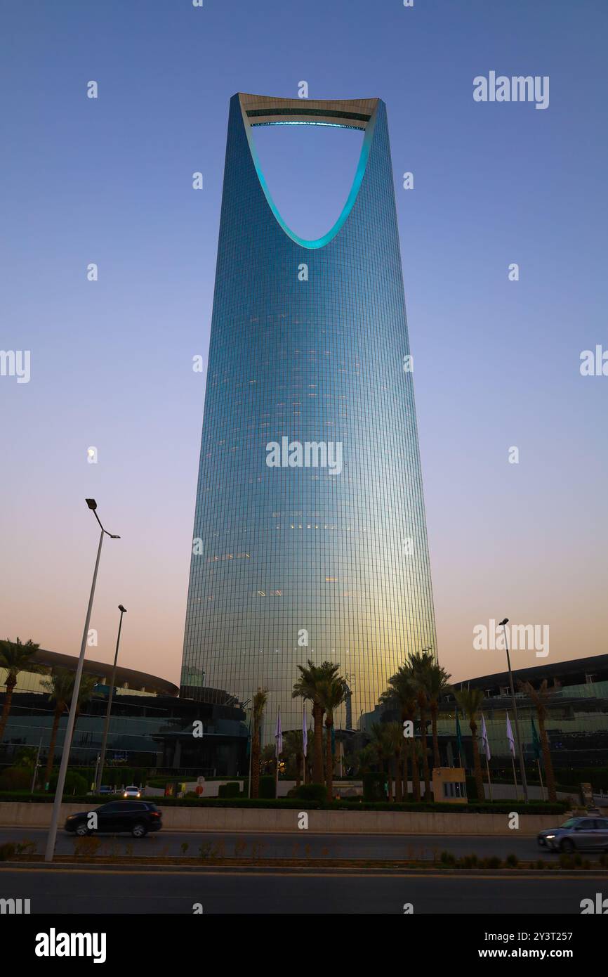 Riyadh, Saudi Arabia - Sep 14 2024, Kingdom Tower Al Mamlaka business sunset , King Fahd road ...