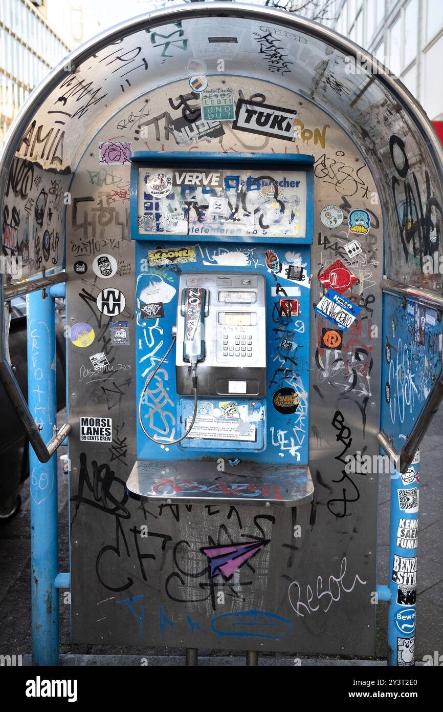 Public Phone Booth covered with stickers and graffitt in Berlin Germany ...