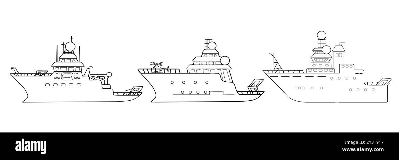 Group of three black white isolated research vessels. Each vessel ...