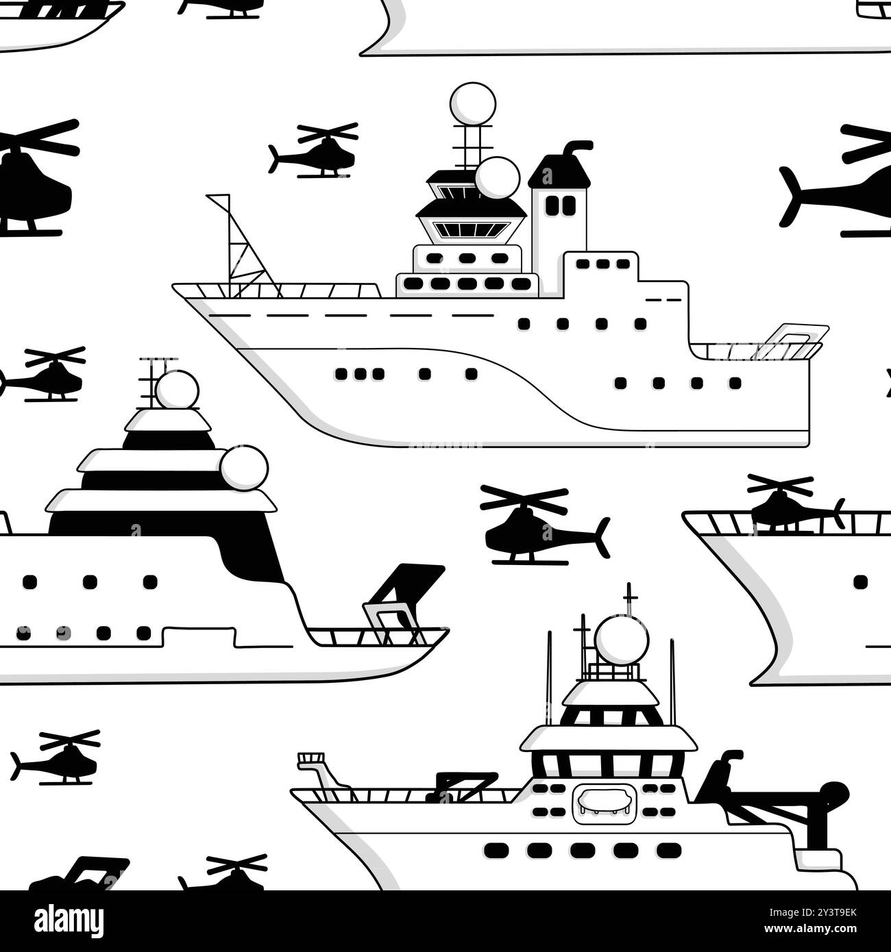 Black white vector hand drawn seamless pattern of research vessels ...