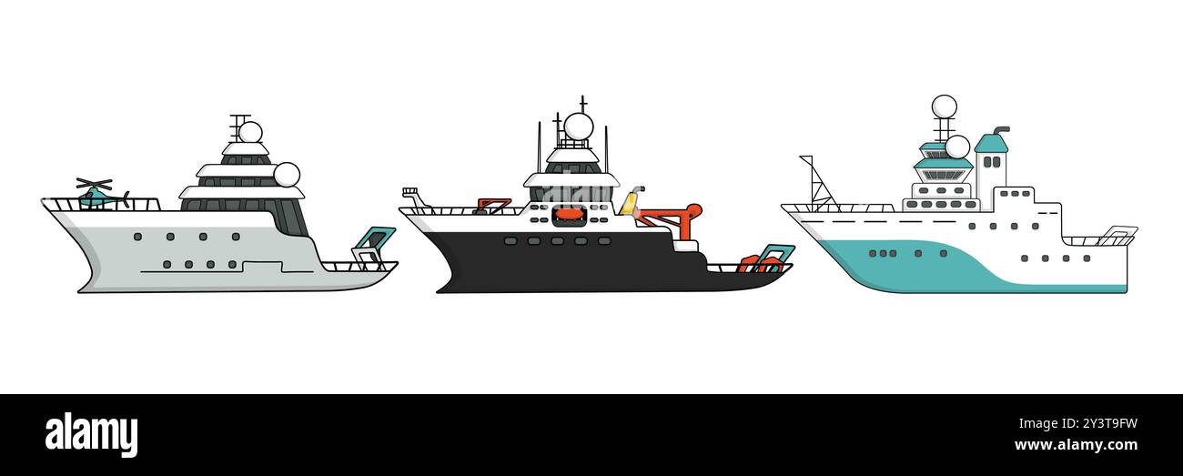 Set of hand drawn isolated research vessels for sea exploration ...