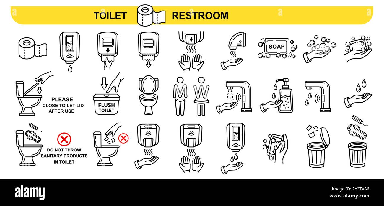 Public toilet WC restroom, hand dryer, sensor water tap, wash hand with ...