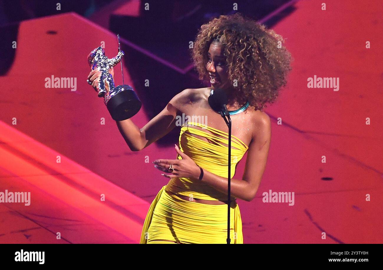 Tyla onstage during the 2024 MTV Video Music Awards at UBS Arena on ...