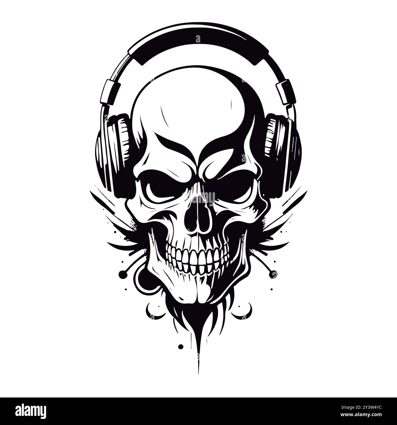Black and white outline etching on a skull wearing a headphone Stock ...