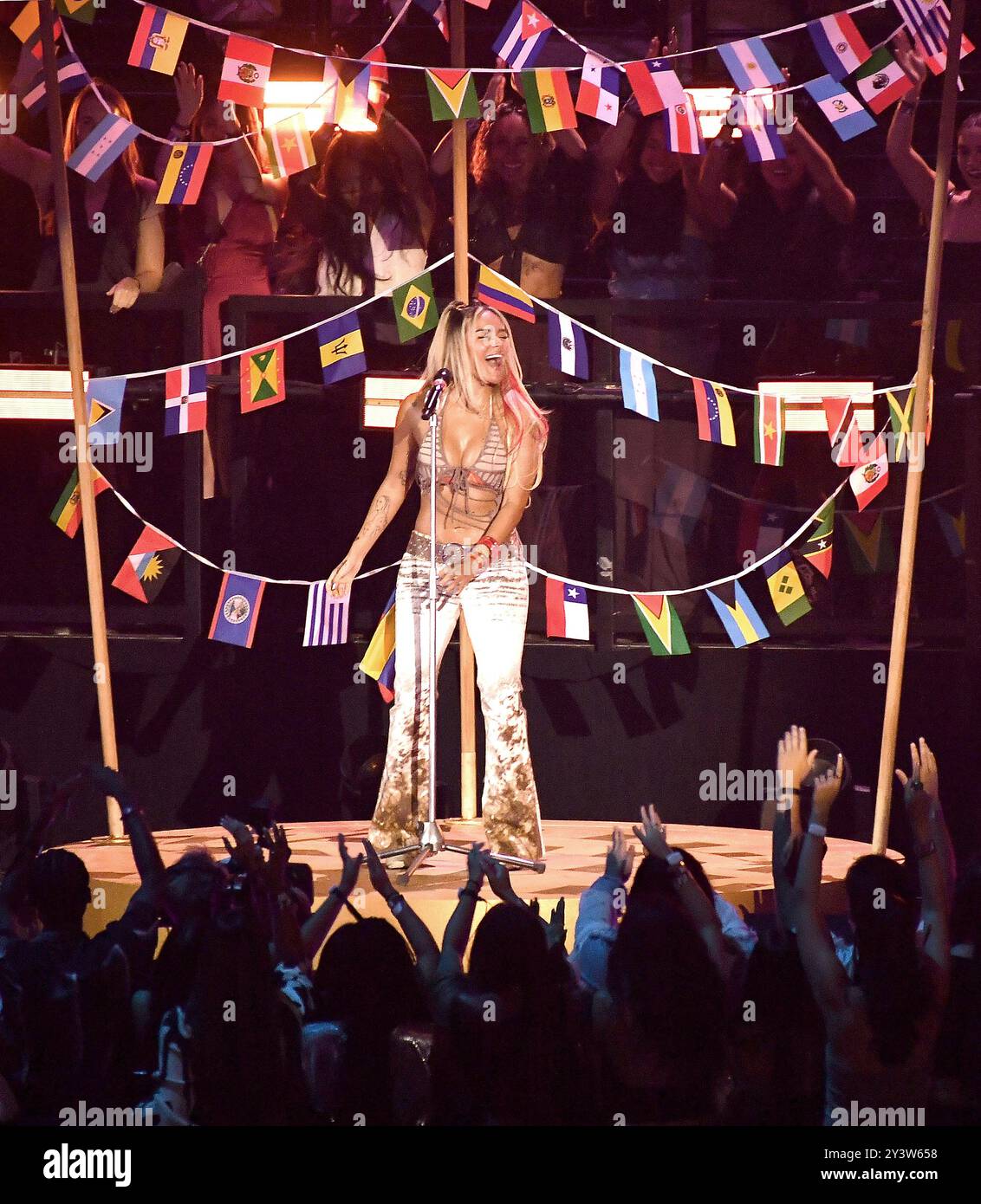 Karol G performs during the 2024 MTV Video Music Awards at UBS Arena on ...