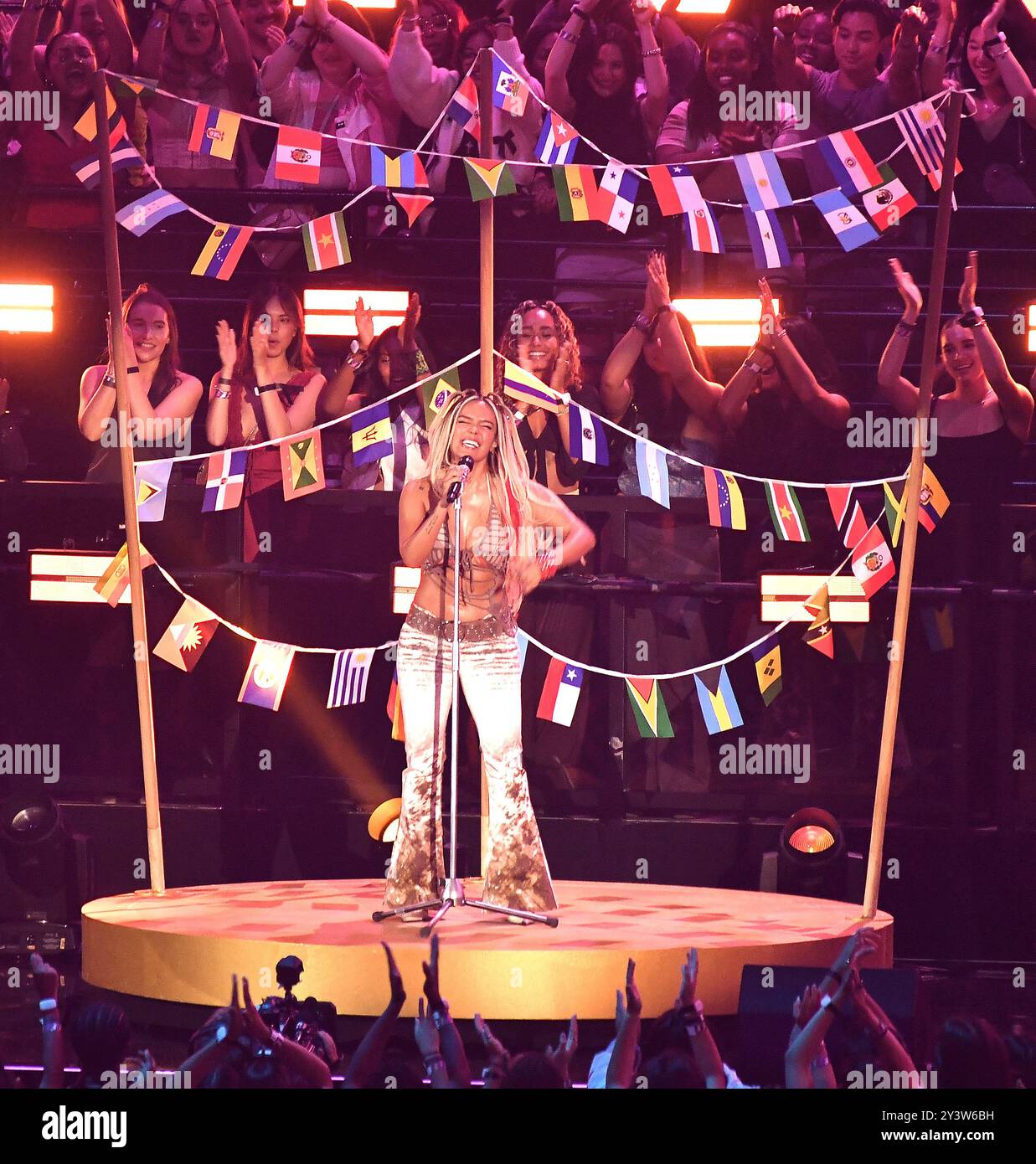Karol G performs during the 2024 MTV Video Music Awards at UBS Arena on ...