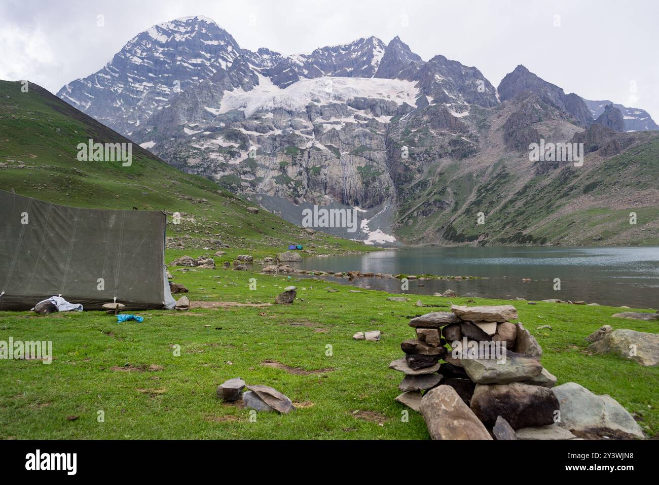 Kashmir, India. Alpine lake beneath an icy mountain ridge in the ...