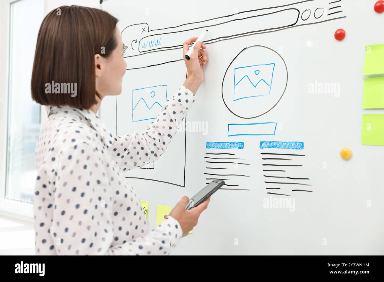 Developing UI design. Woman drawing website wireframe on whiteboard ...