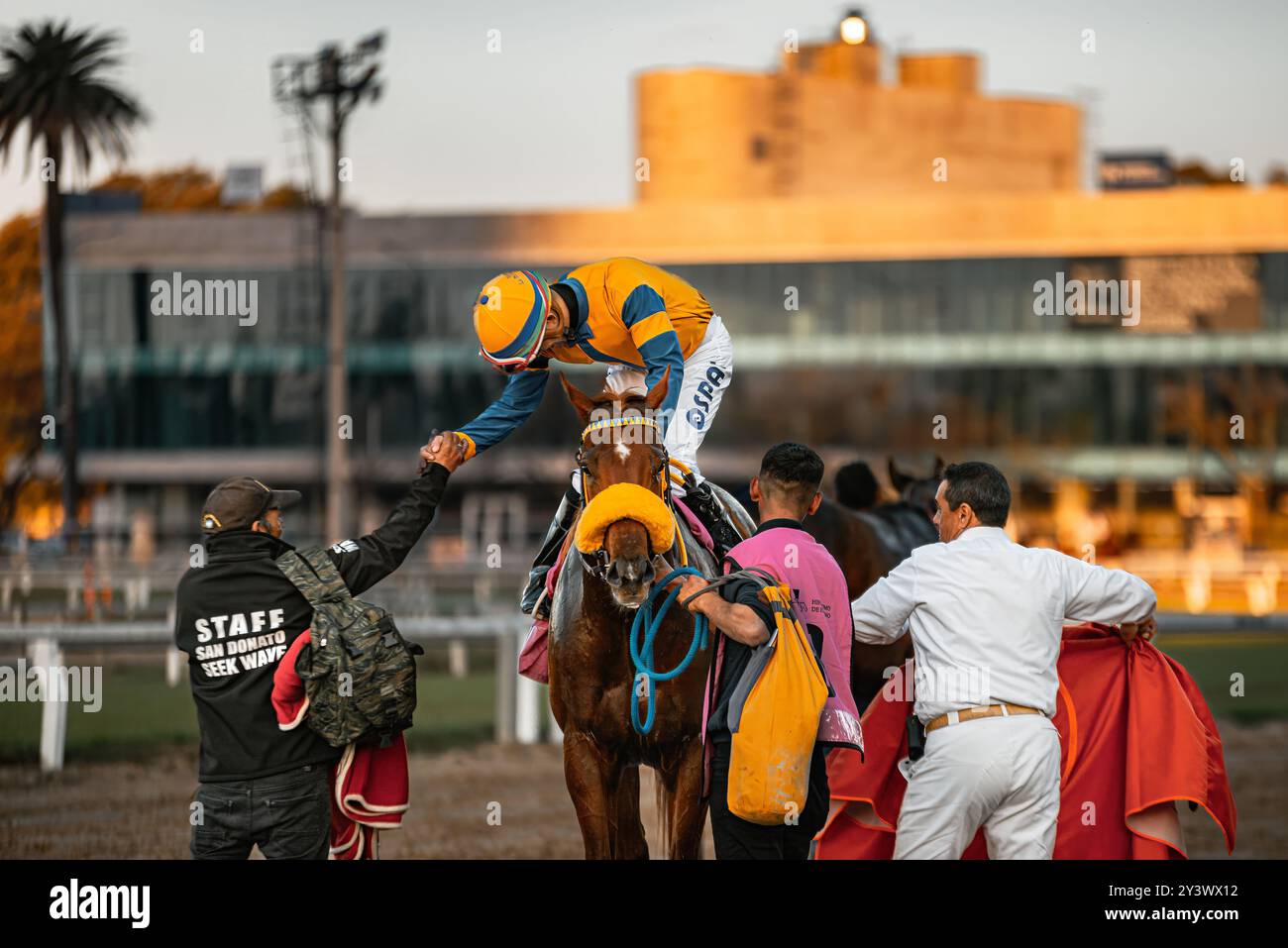 The winning jockey celebrates with the crowd and his team Stock Photo ...