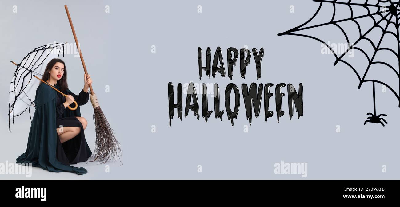 Festive banner for Halloween with witch holding broom and umbrella ...