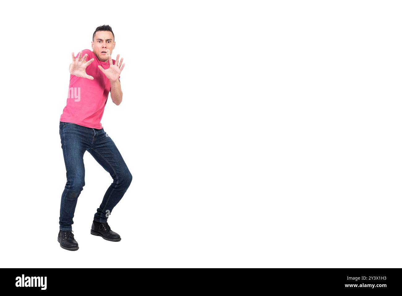 Frightened man protecting from danger. White background Stock Photo - Alamy