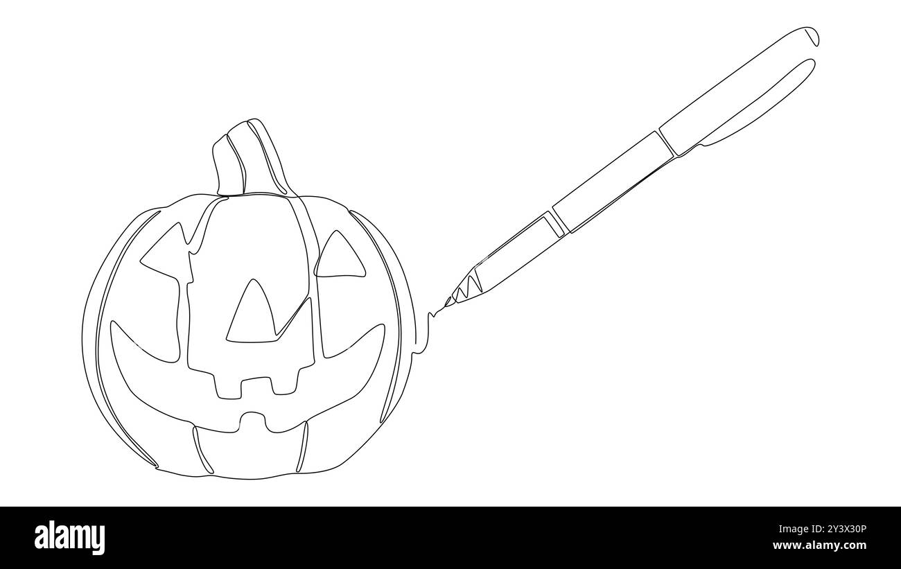 One continuous line of Jack O' Lantern drawn by with felt tip pen. Thin ...
