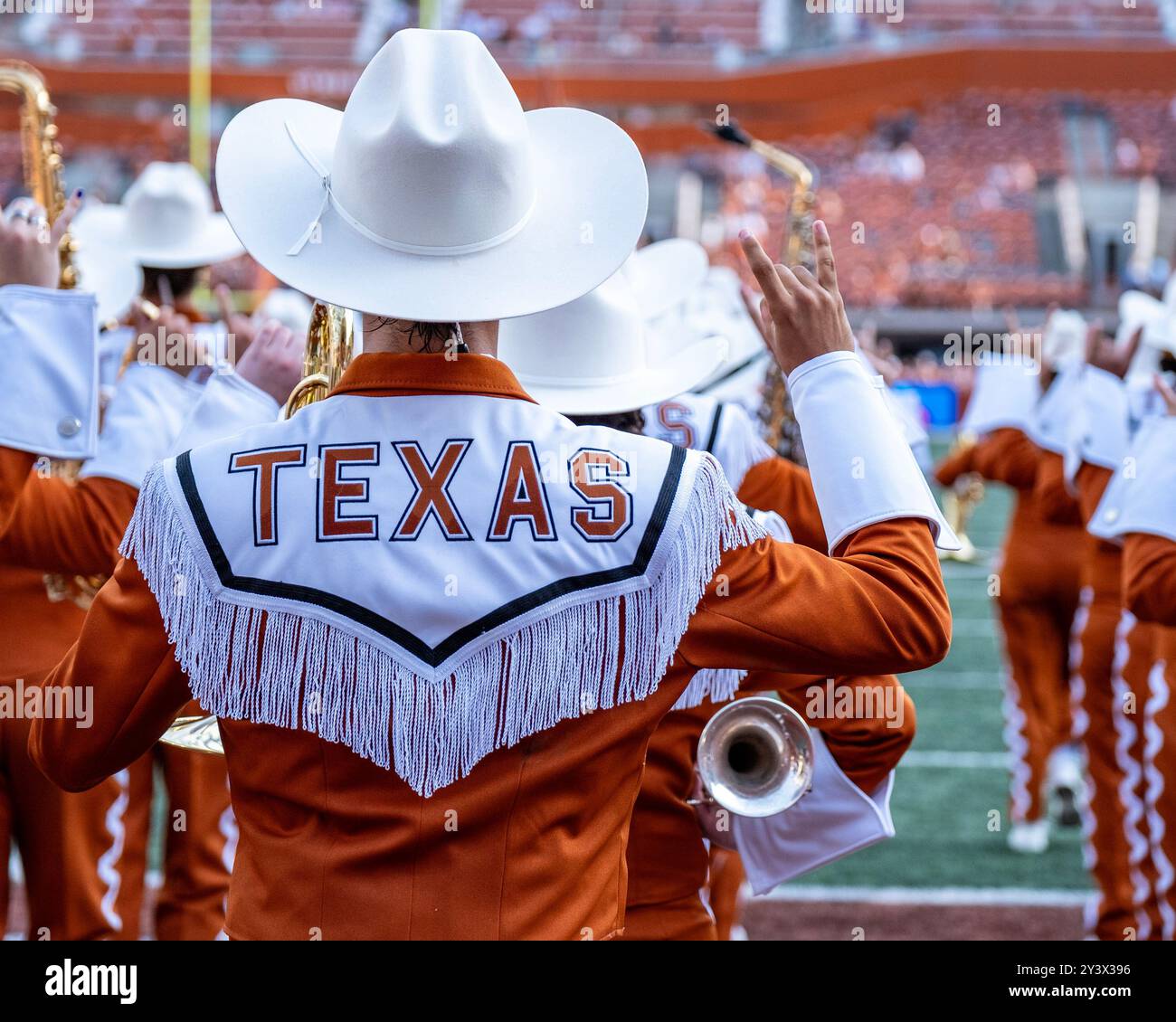 Sept 14, 2024.A band member of the Texas Longhorns during warmups ...