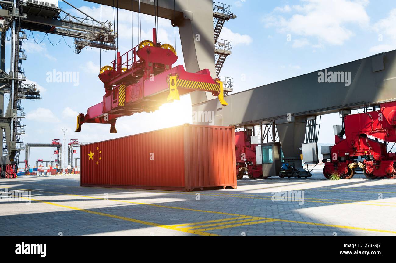 Crane unloading container with china flag in the port Stock Photo - Alamy