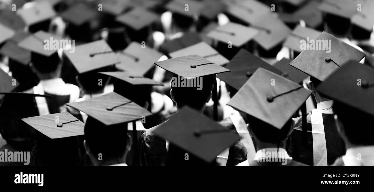 Rear view of the university graduates in graduation gowns and caps ...