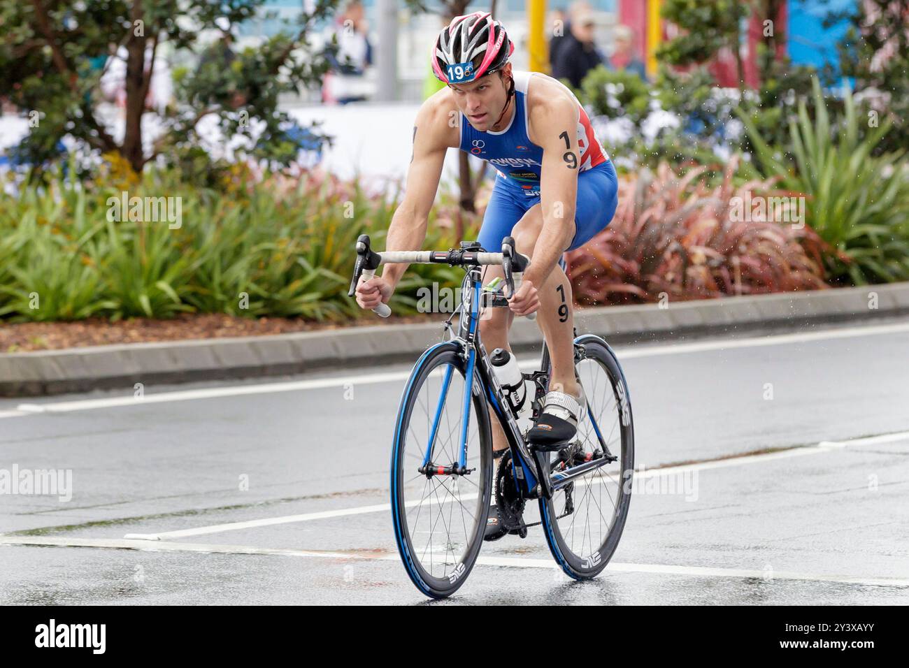 Adam Bowden of Great Britain competes in the cycle leg in the Elite Men ...