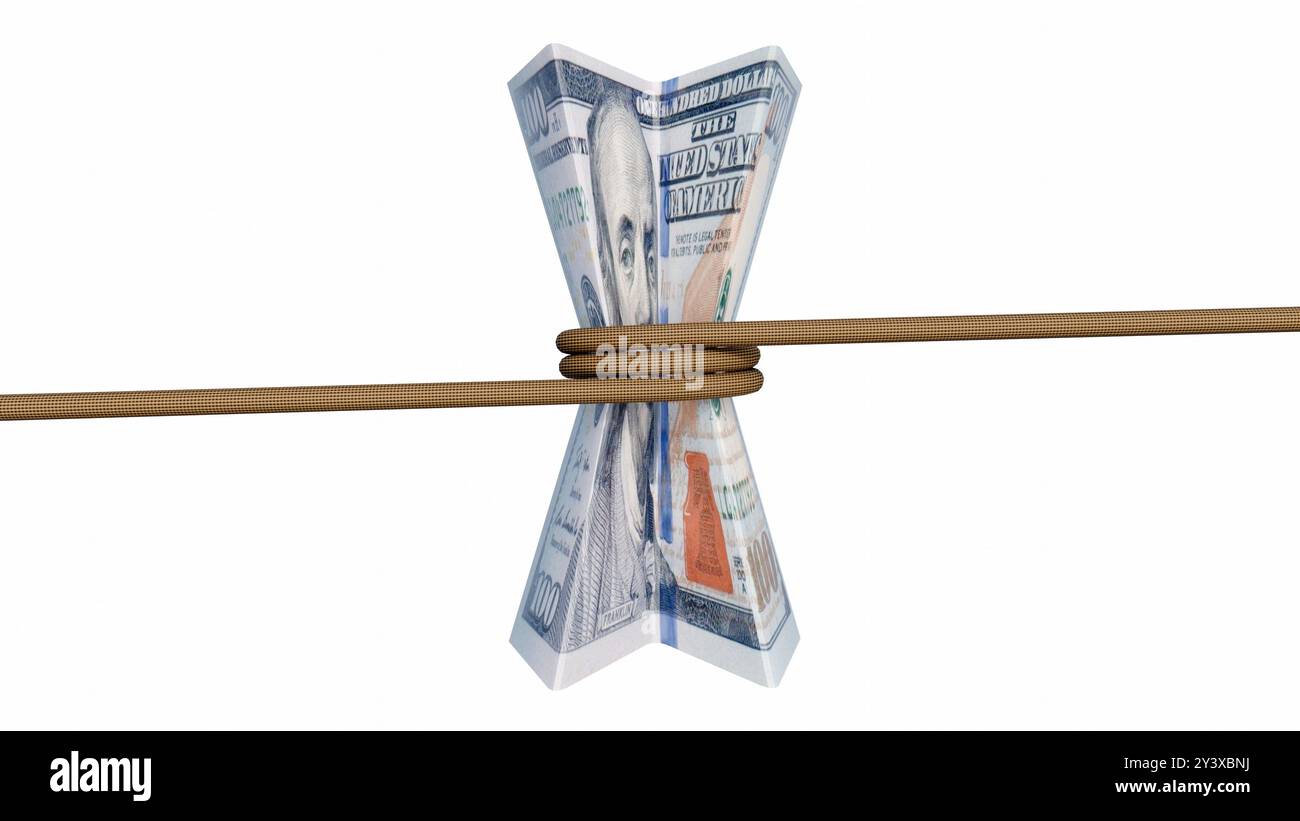 A bundle of $100 bills is tied tightly with a thick, brown rope. The ...