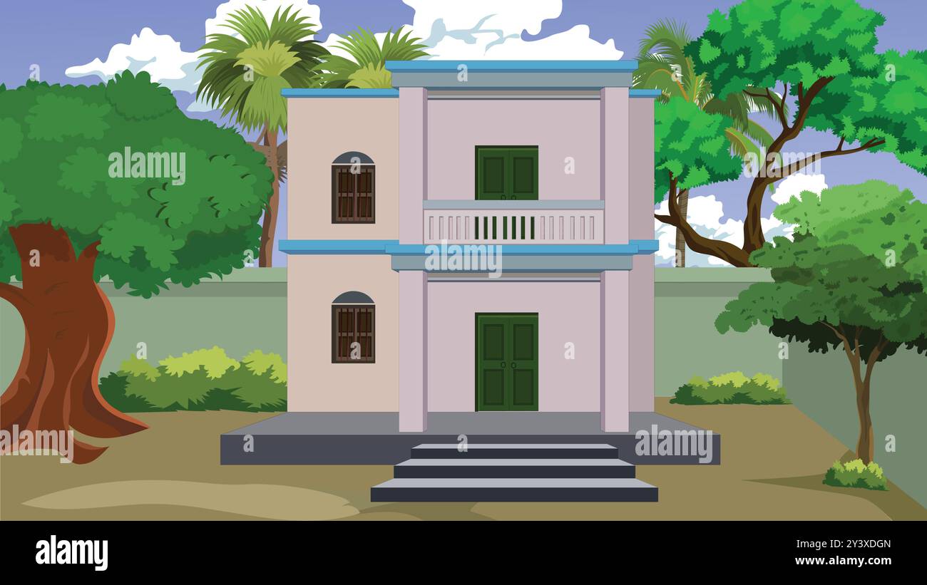Indian Village rich farmer house. Two stored building house for cartoon ...