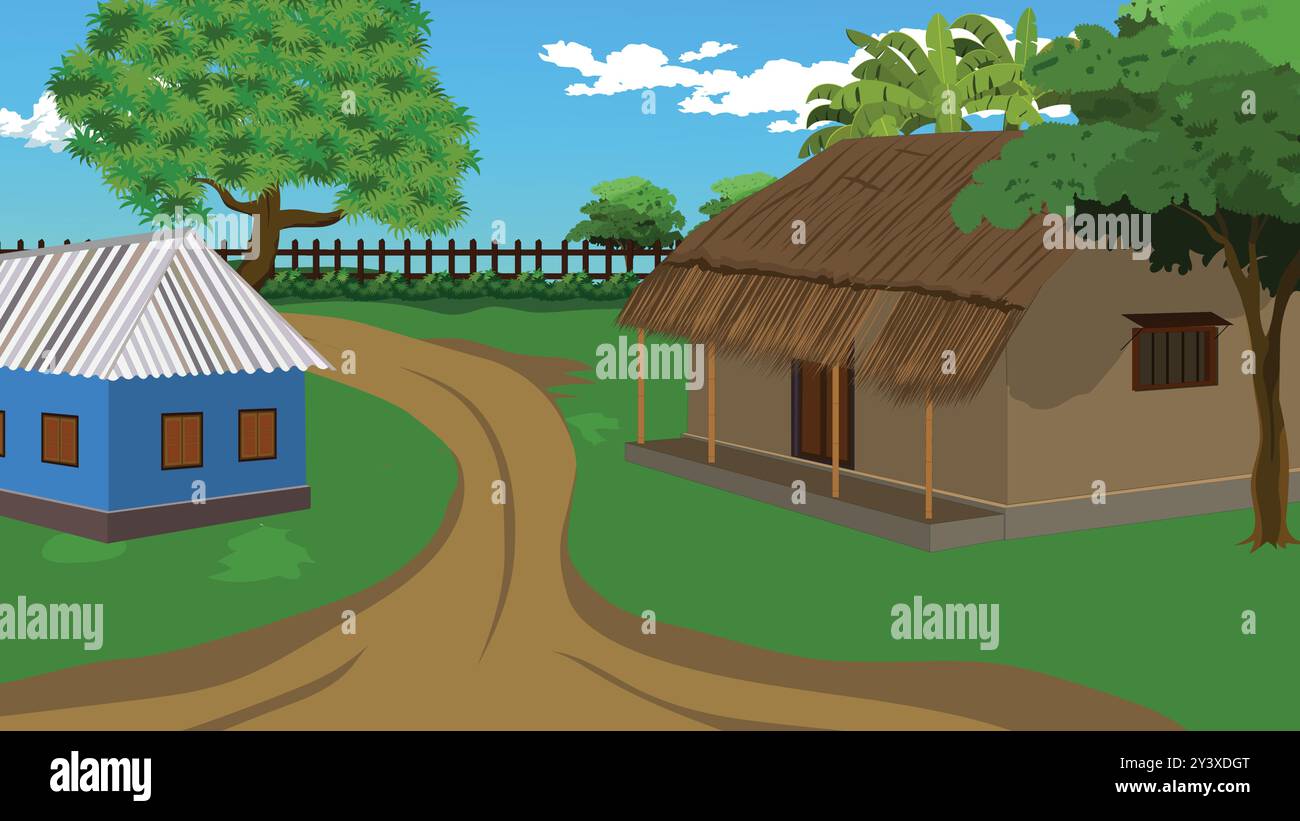 Beautiful village road with rural hut beside road.Village road 2d flat ...