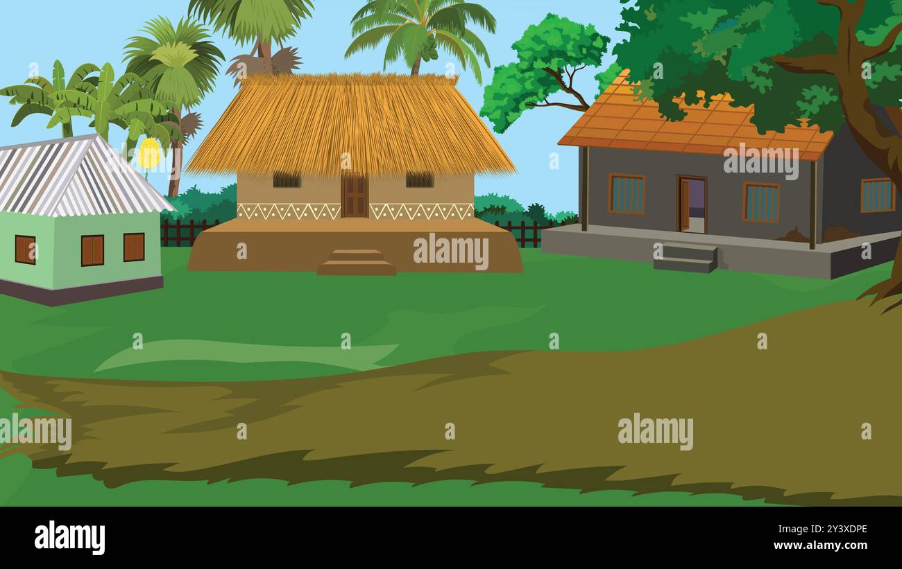 Cartoon village house yard. Asian village cottage house. Indian village ...