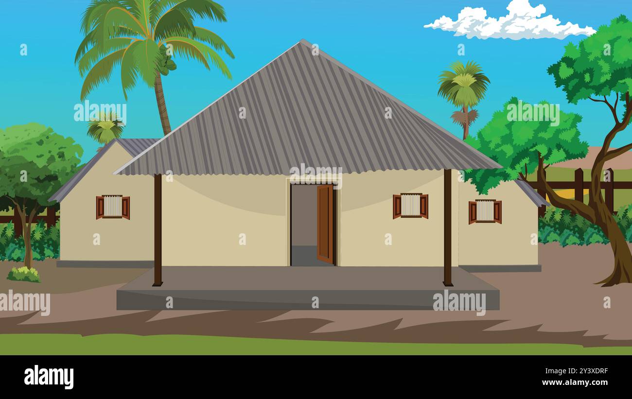 Indian Village house yard. Tin shade house for cartoon animation ...