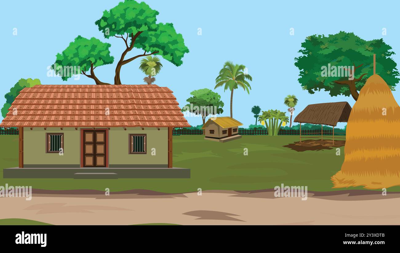village road background for cartoon. African village house. Rural ...