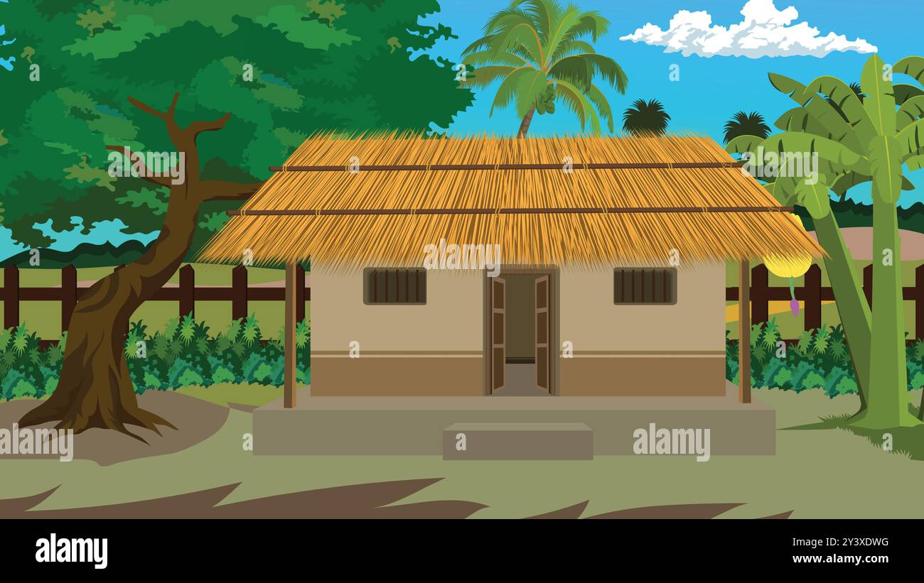Indian village cottage with mud wall and straw roof. Asian rural ...